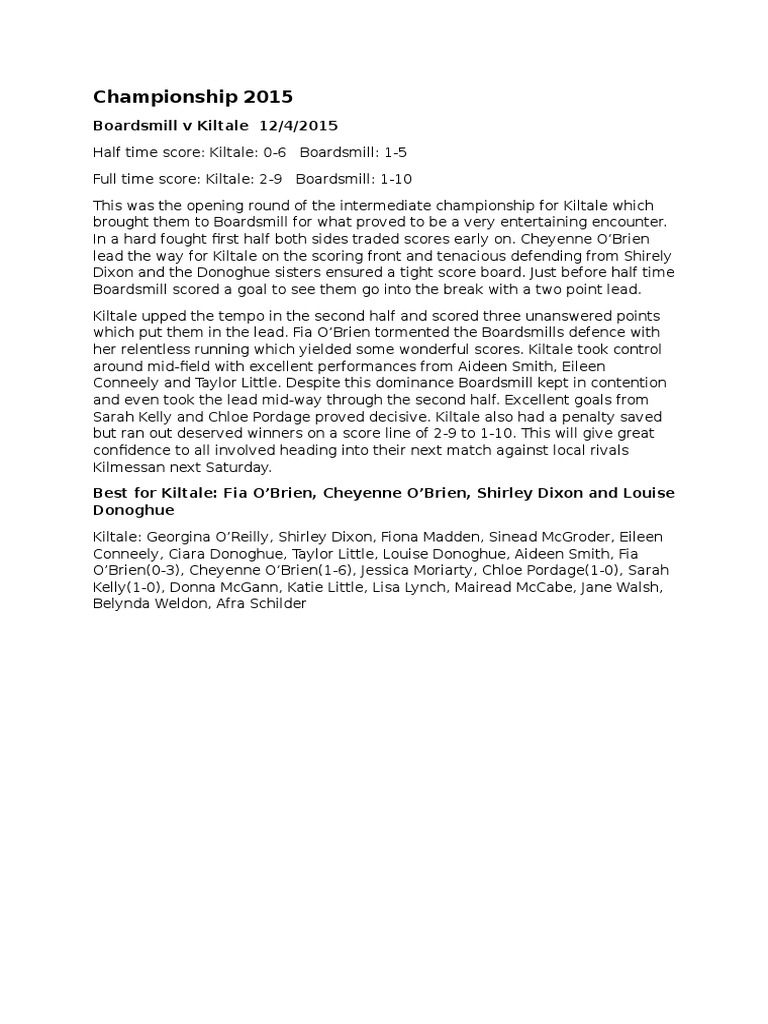 Kiltale vs Boardsmill 2015 Match Recap | PDF