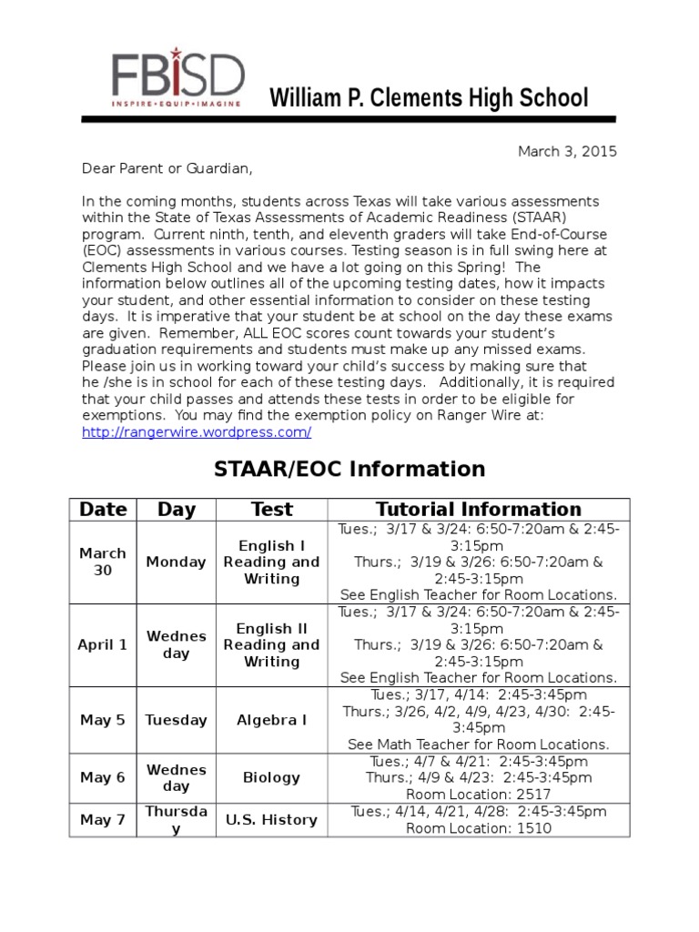 March 2015 Letter To All 9101112 Graders | PDF
