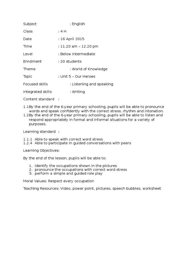 Year 4 Listening and Speaking Lesson Plan | PDF | Lesson Plan | Teachers