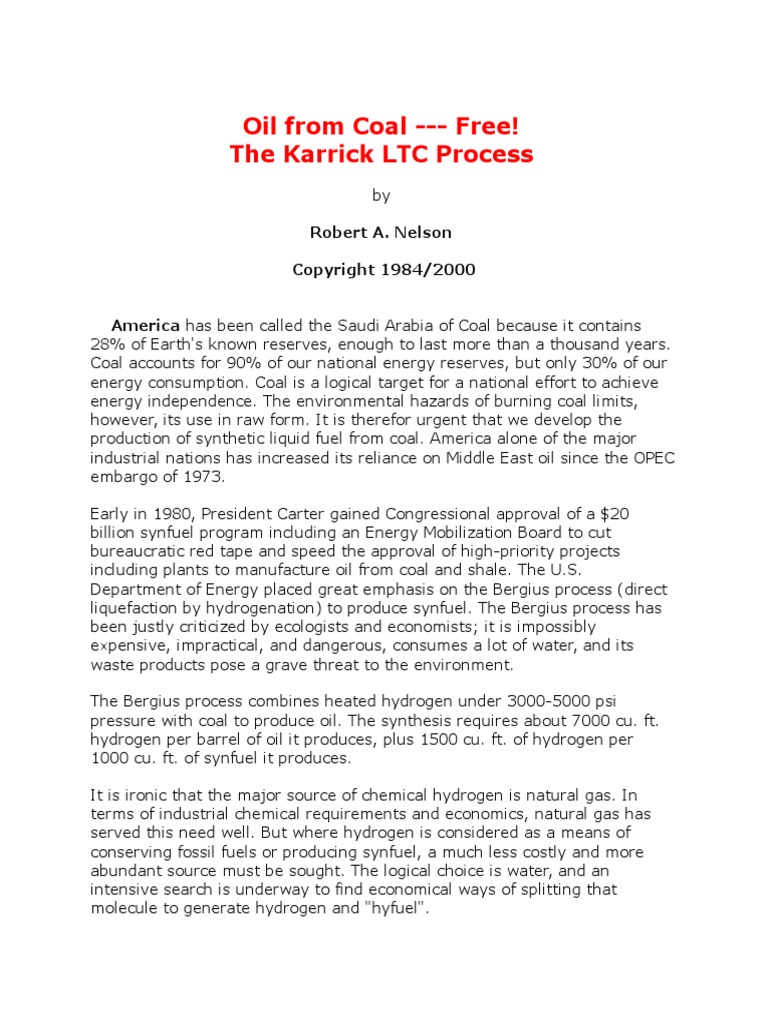 Oil From Coal - Free! The Karrick LTC Process | PDF | Natural Gas | Coal