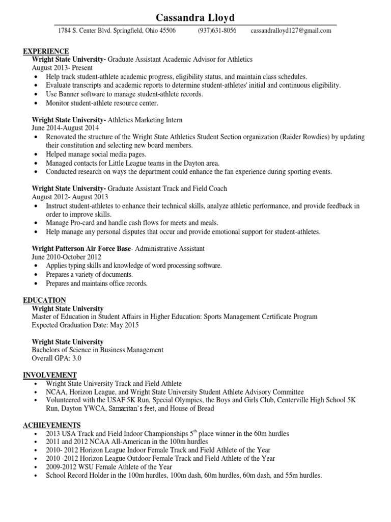 Cassandra Lloyd Resume | PDF | Career & Growth | Sports & Recreation