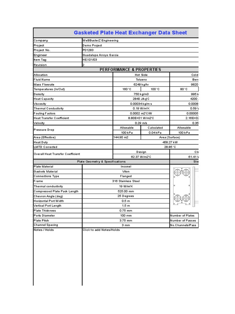 Gasketed Plate Heat Exchanger Data Sheet: Performance & Properties | PDF