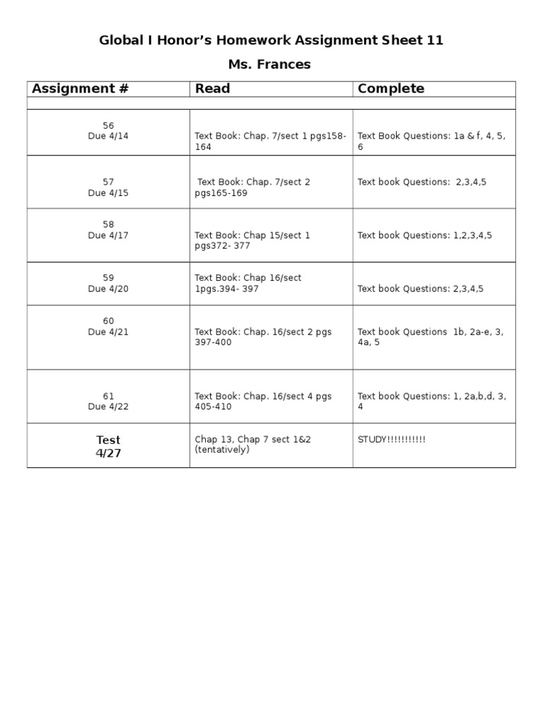 Global I Homework Assignment Overview | PDF | Cooking, Food & Wine ...
