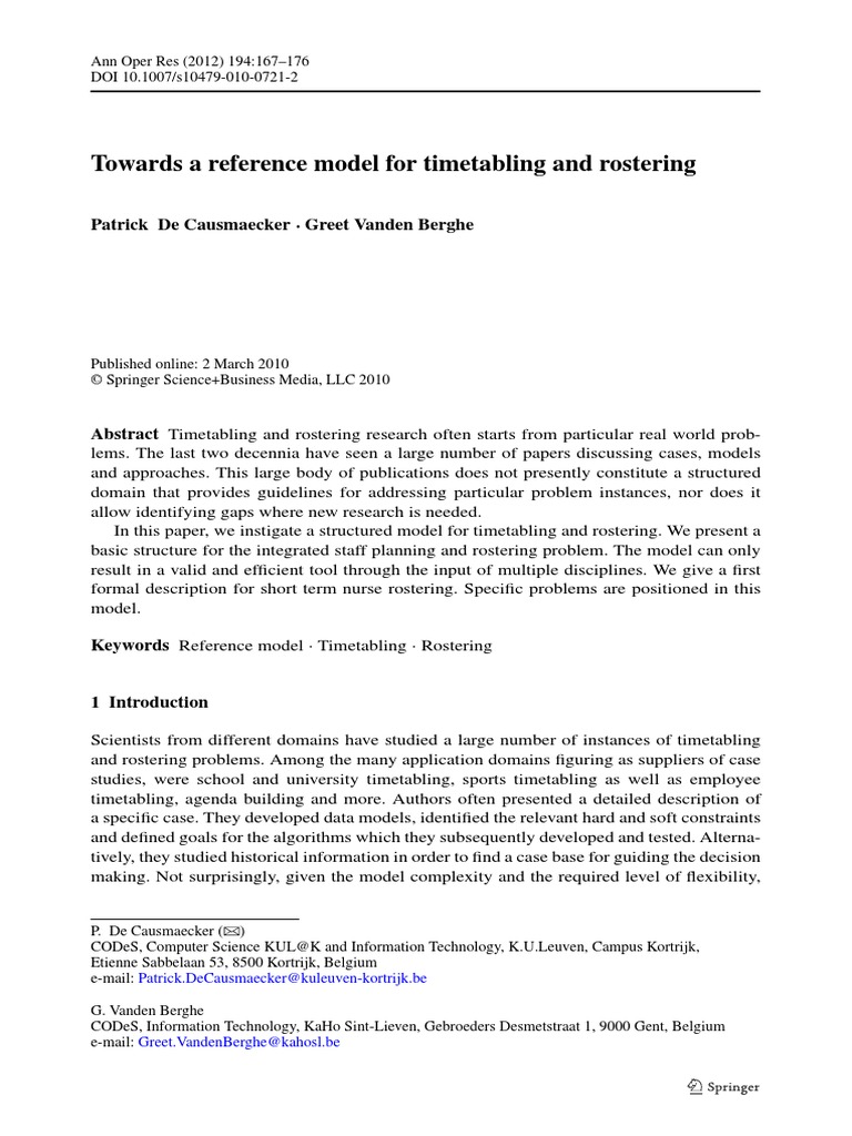 Towards A Reference Model For Timetabling and Rostering: Patrick de Causmaecker | Download Free ...