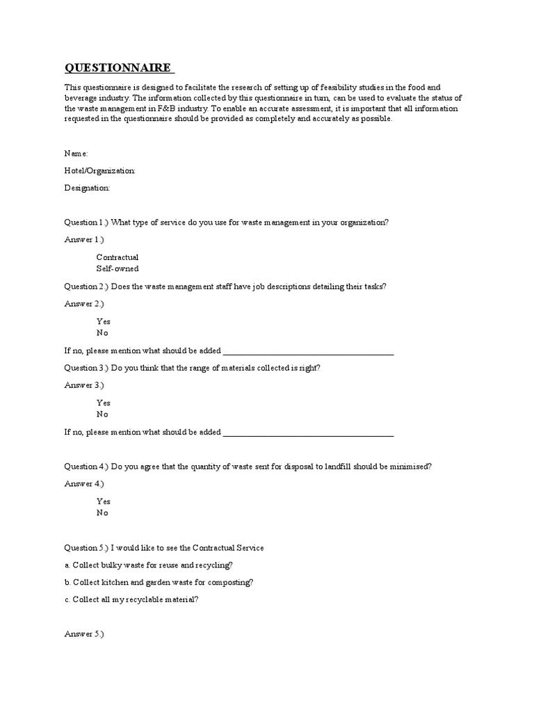 Waste Management Questionnaire for F&B Industry | PDF | Waste ...