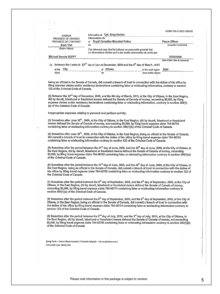 Mike Duffy Charge Sheet | PDF