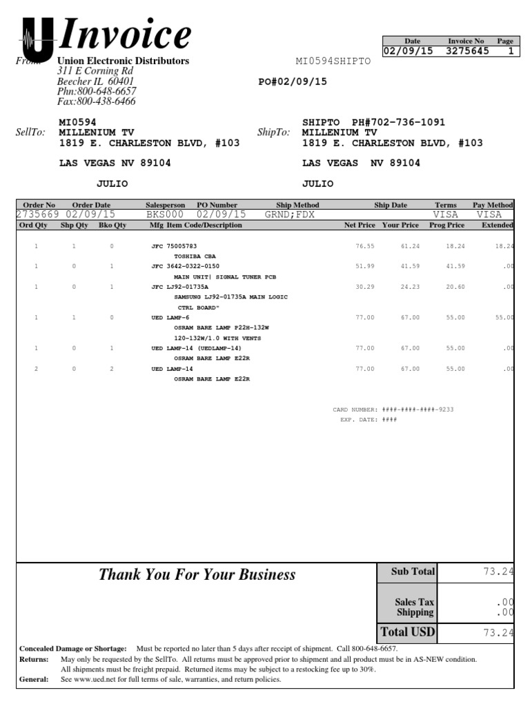 Union Electronics Invoice Details | PDF