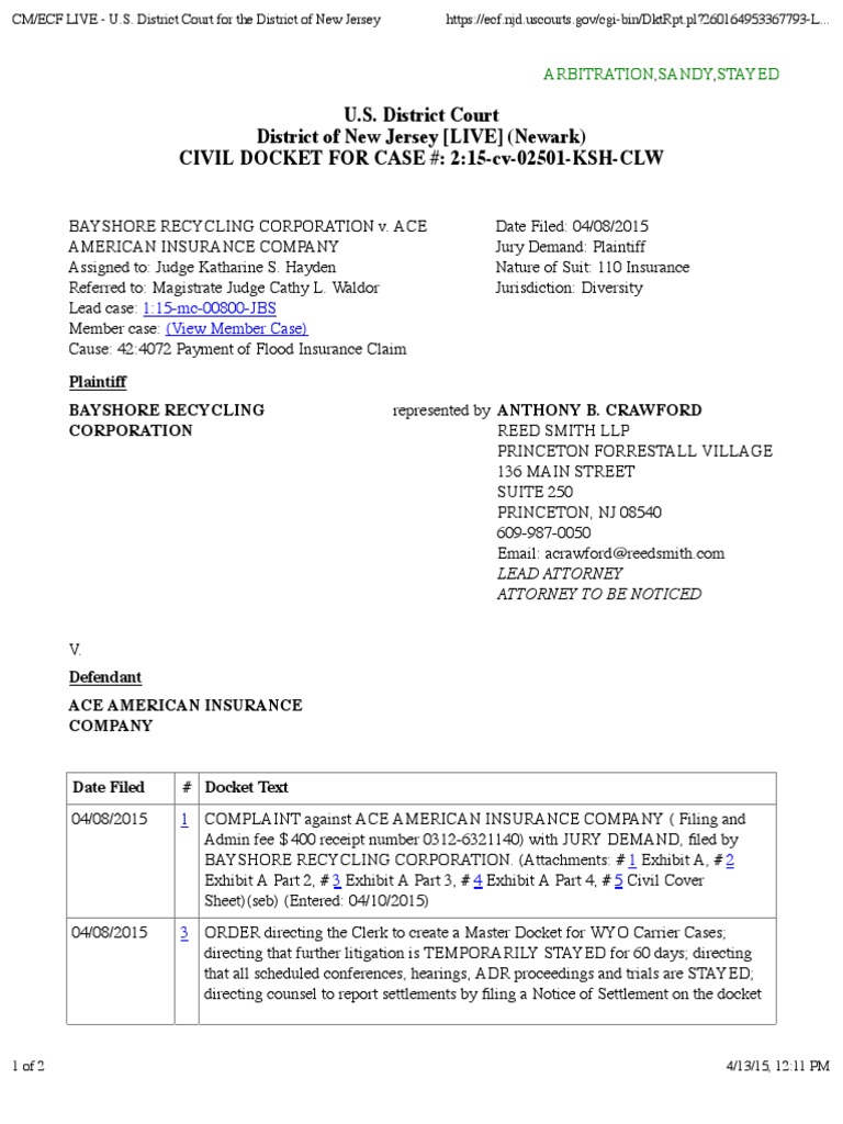 BAYSHORE RECYCLING CORPORATION v. ACE AMERICAN INSURANCE COMPANY Docket ...