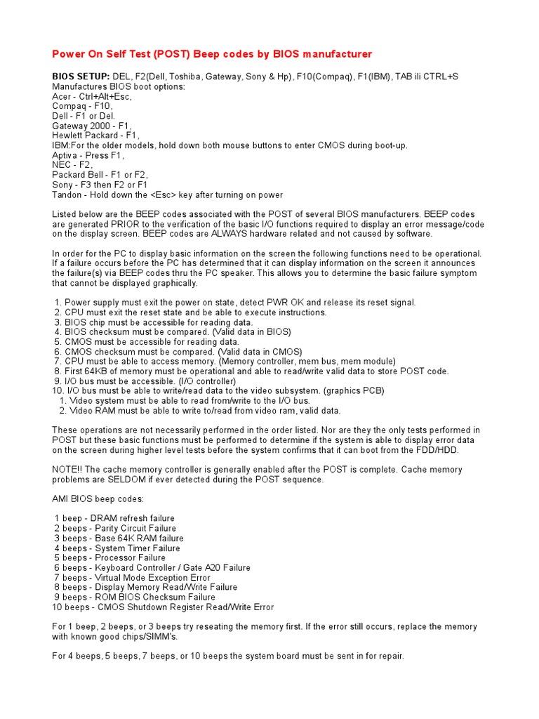 Beep Codes by BIOS | PDF | Bios | Random Access Memory