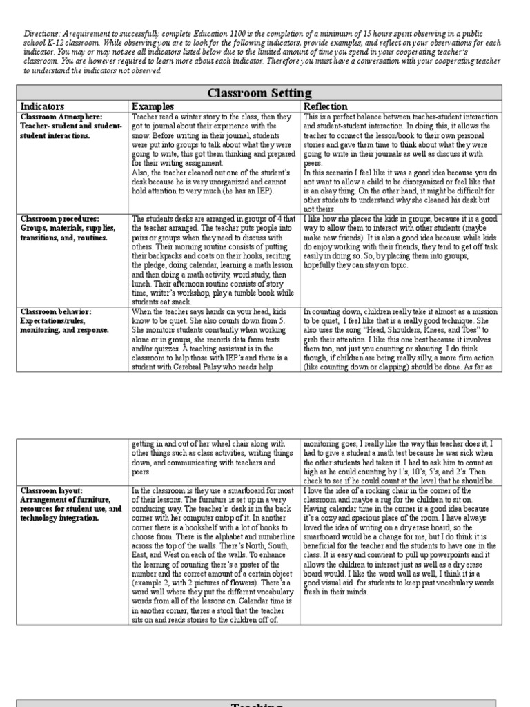 Observation Matrix and Teacher Interview | PDF | Classroom ...