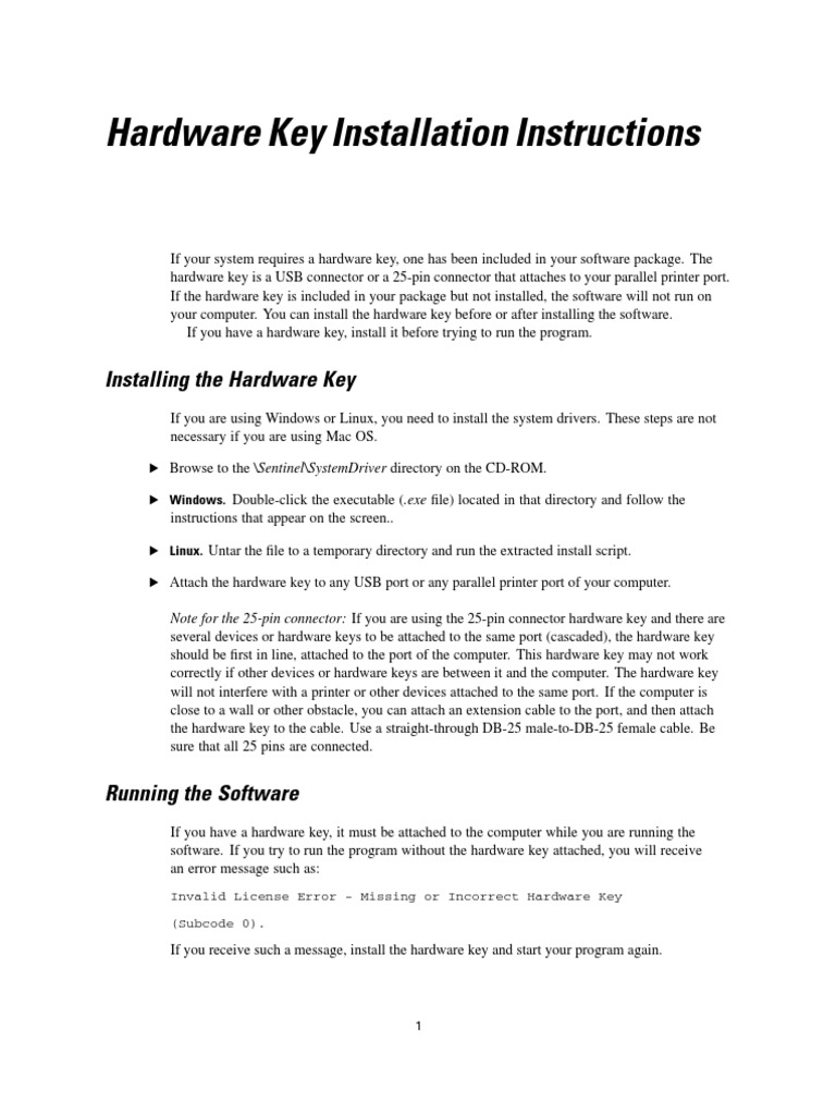 Hardware Key Installation Instructions | PDF