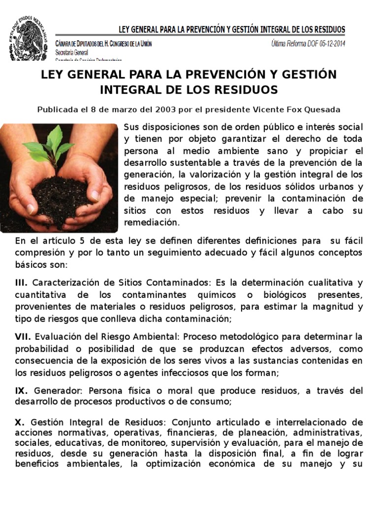 Ley General para La Prevención y Gestión Integral de Los Residuos | PDF | Gestión de residuos ...