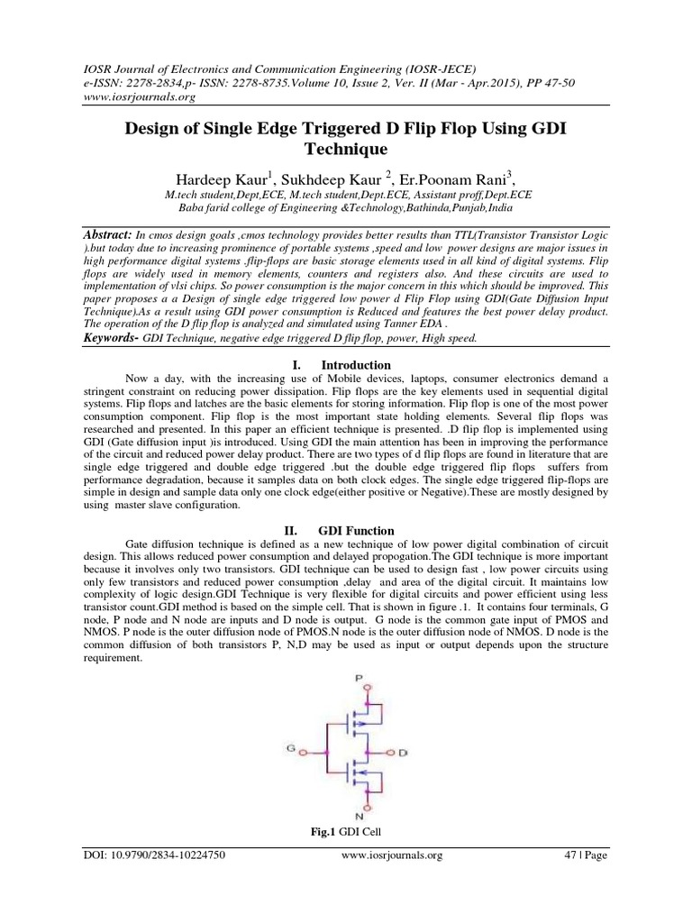 Design of Single Edge Triggered D Flip Flop Using GDI Technique | PDF ...