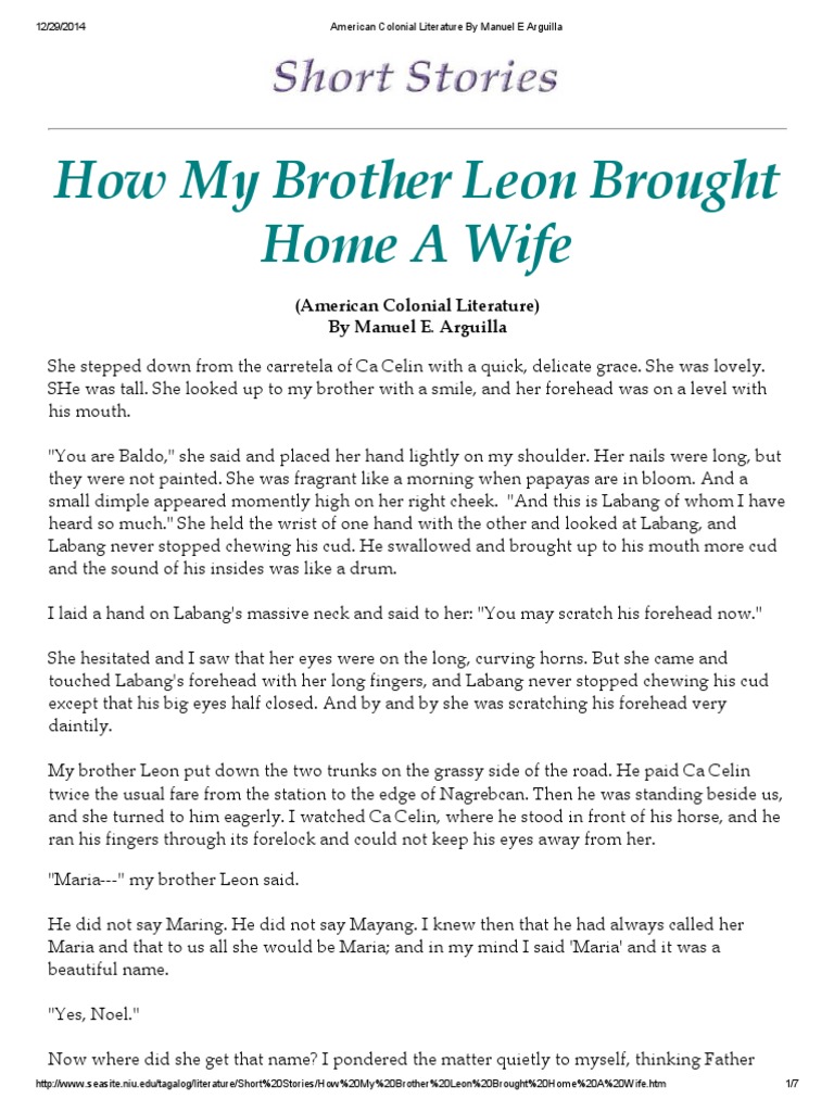 How My Brother Leon Brought Home A Wife (1934) - Manuel E Arguilla | PDF | Nature
