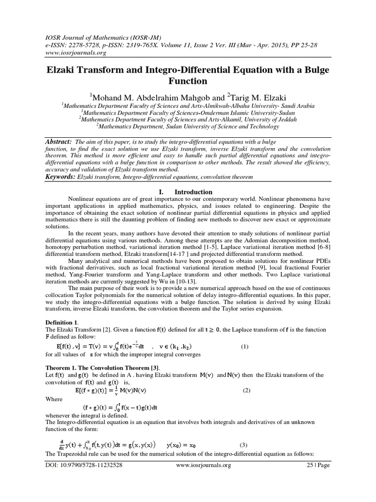 Elzaki Transform and Integro-Differential Equation With A Bulge ...