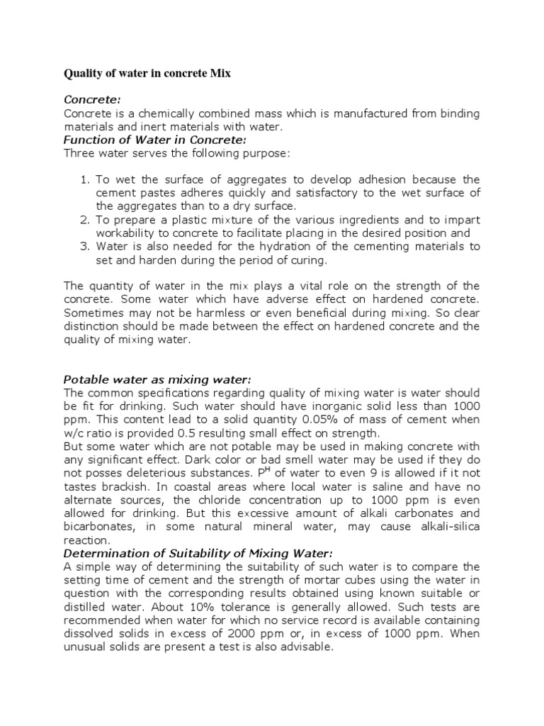 Quality of Water in Concrete Mix | PDF | Concrete | Cement