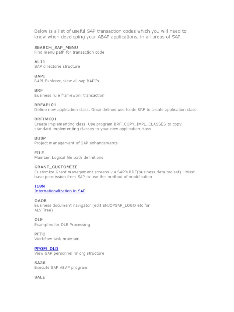 T codes in SAP | Computer Data | Software Engineering