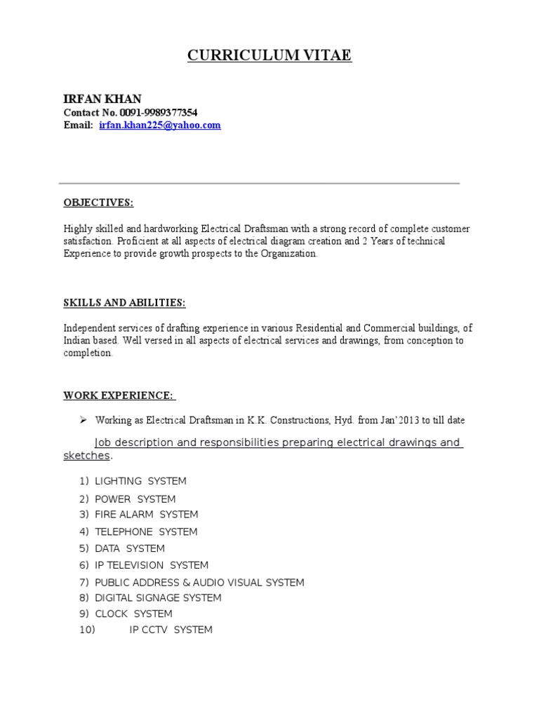 Electrical Draftsman CV - Irfan Khan | PDF