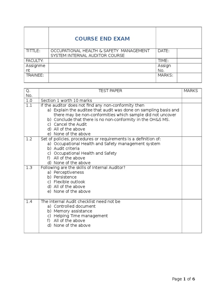 OHS MS Internal Auditor Final Course End Exam | PDF | Auditor's Report ...