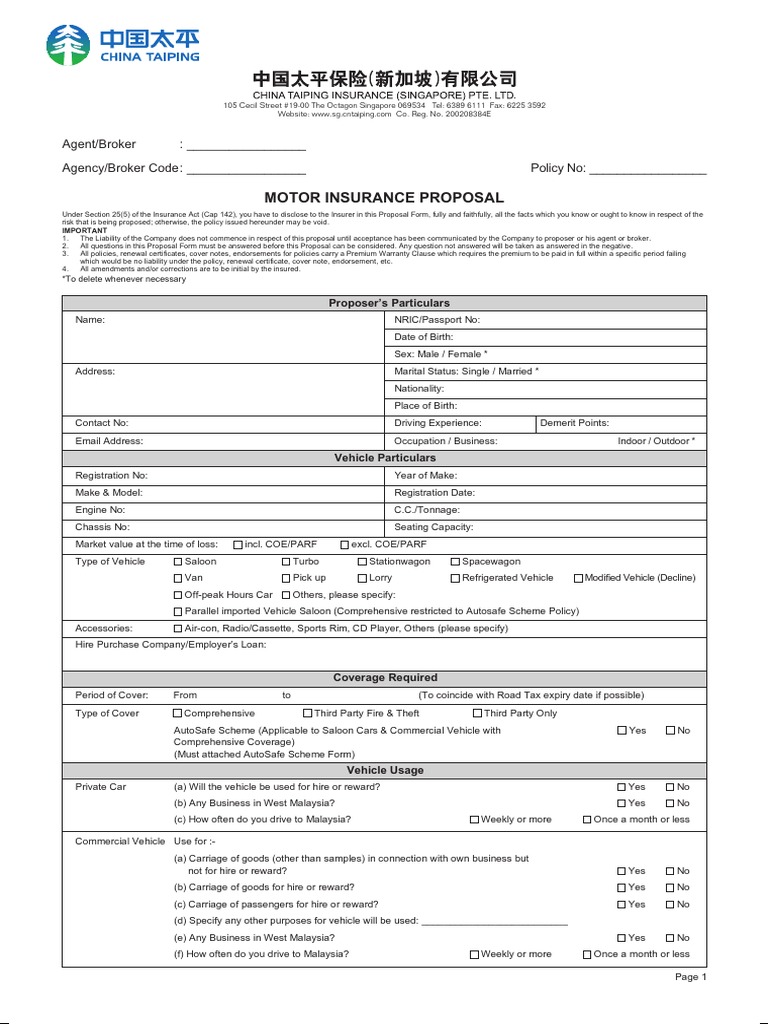 CHINA MOTOR PROPOSAL FORM + AUTOSAFE FORM | Insurance | Industries