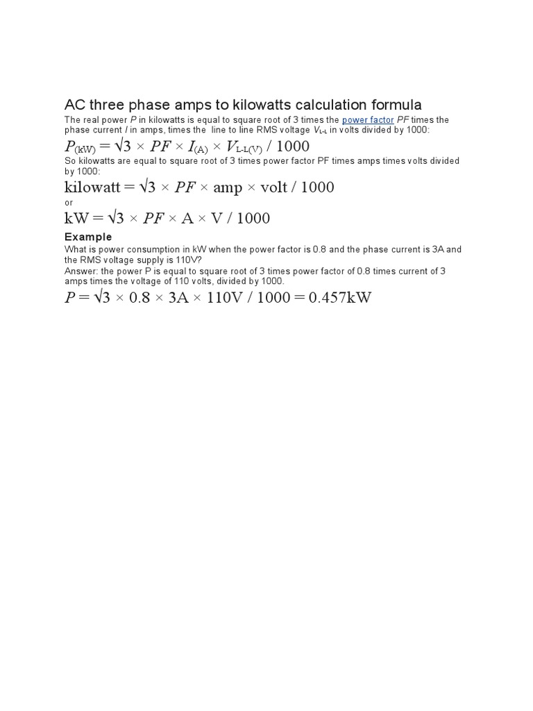 AC Three Phase Amps To Kilowatts Calculation Formula | PDF