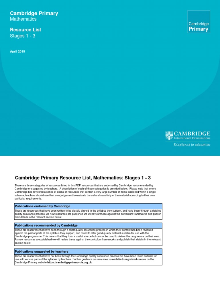Cambridge Primary Maths Resource List Stages 1 To 3 | PDF | Curriculum ...