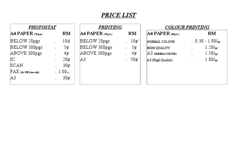Printing and Photostat Price List | PDF | Home & Garden