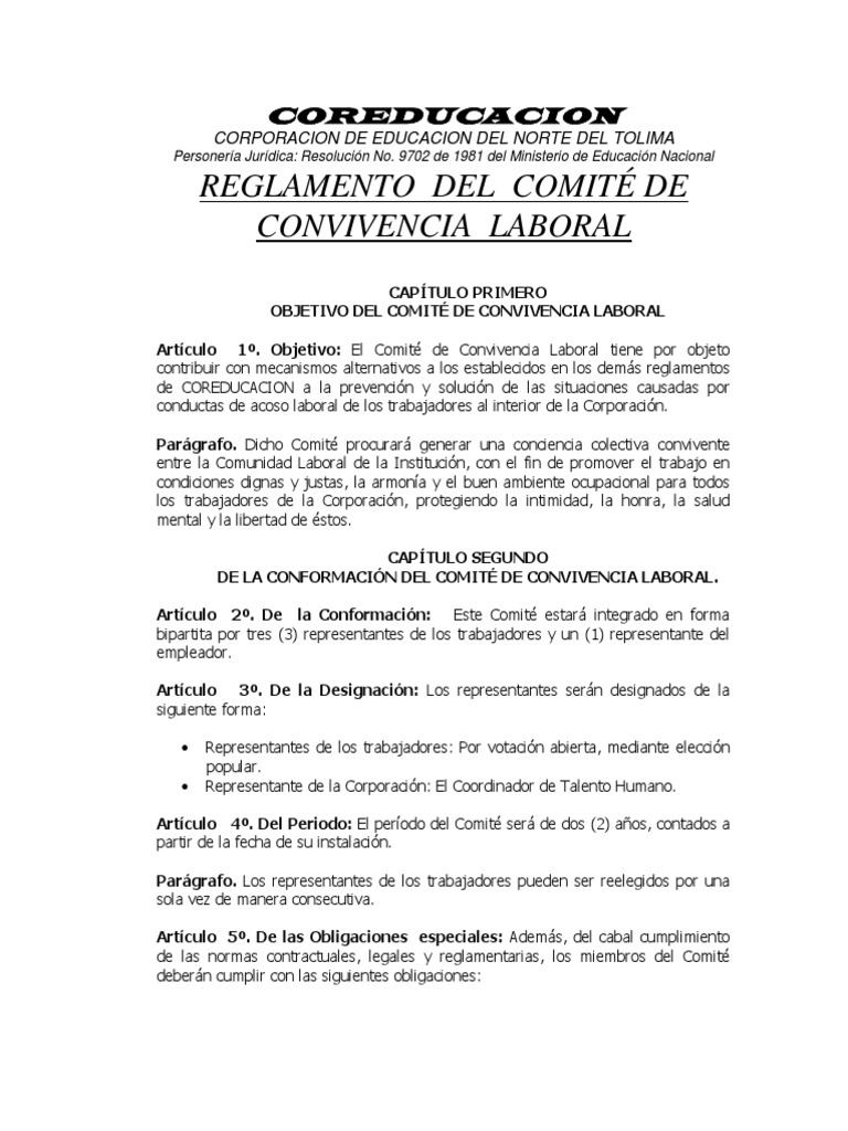 Reglamento Del Comite de Convivencia Laboral Vigente | PDF | Derecho laboral | Regulación