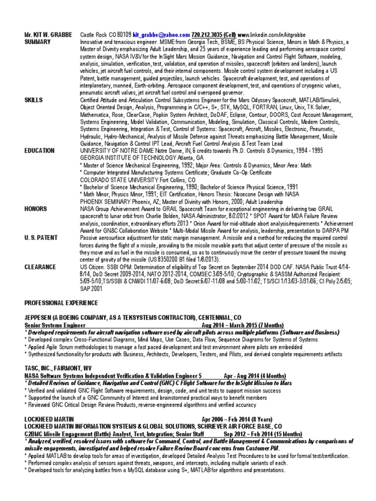 Systems Software GNC Engineer in Denver CO Resume Kit Grabbe | PDF ...