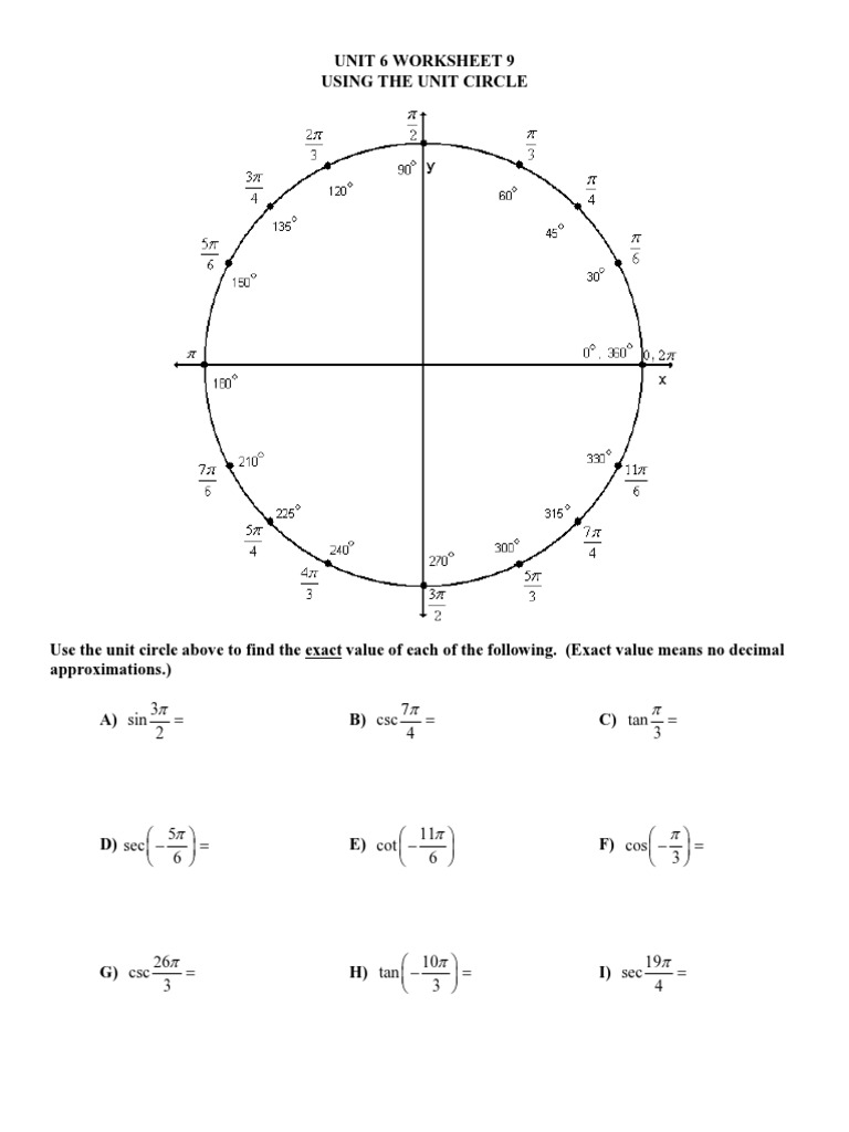 Unit 6 Worksheet 9 Using Unit Circle Mixed | PDF | Sine | Trigonometric ...