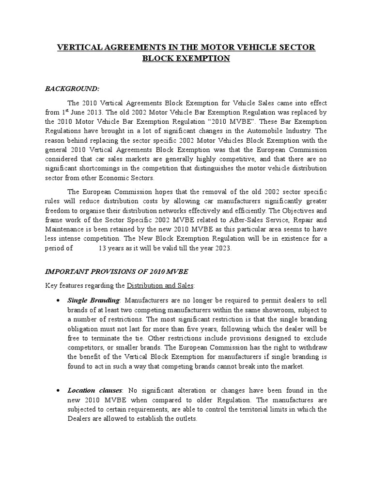 Vertical Agreements in The Motor Vehicle Sector Block Exemption | PDF ...