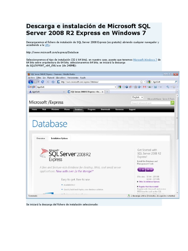Microsoft SQL Server 2008 R2 Express en Windows 7 | PDF | Servidor SQL de Microsoft | Apoyo