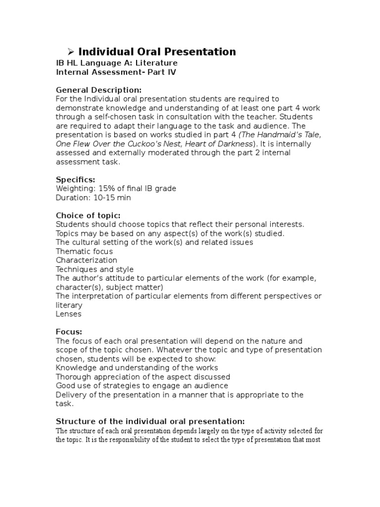 IB Literature Oral Presentation Guide | PDF | Educational Assessment ...