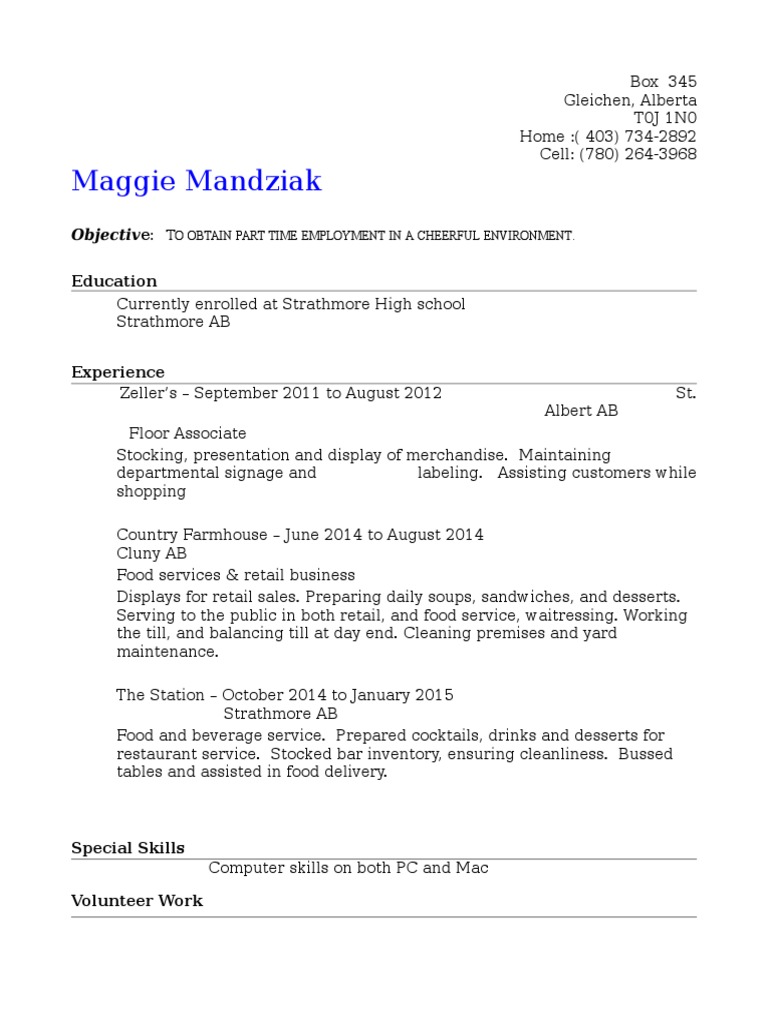 Part-Time Job Resume for Maggie Mandziak | PDF