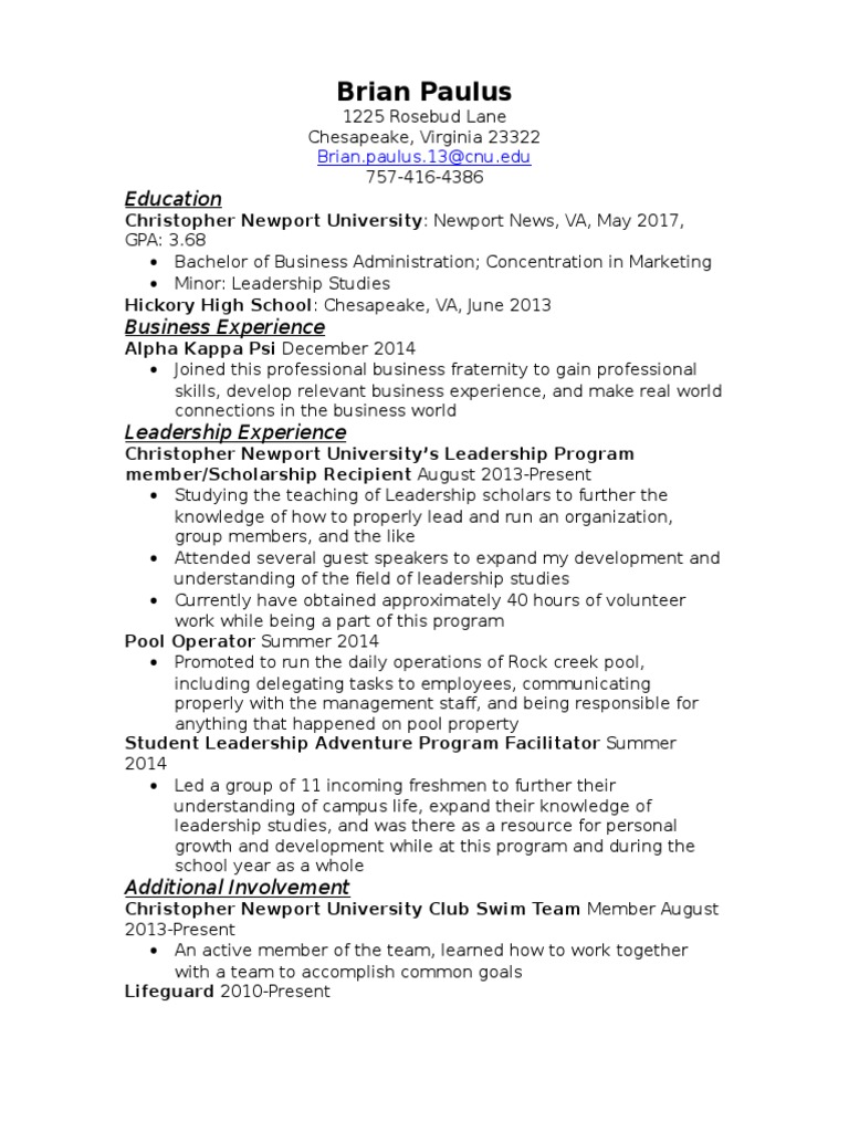Brian Paulus: Marketing Graduate Resume | PDF