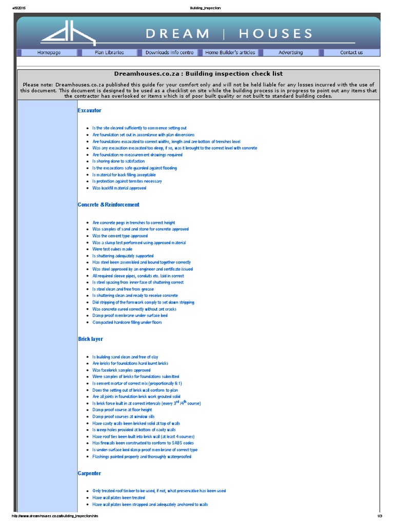 Building Inspection Checklist | Download Free PDF | Roof | Concrete