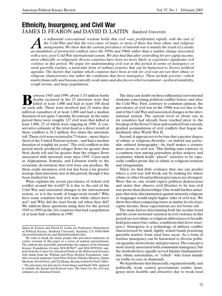 Fearon, James D, and David D Laitin - 2003 - Ethnicity, Insurgency, and Civil War | PDF | Civil ...