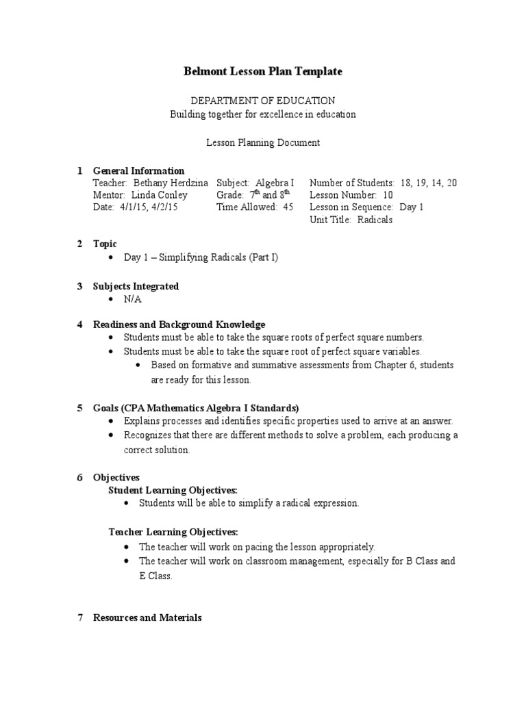 Simplifying Radicals Lesson Plan | PDF | Lesson Plan | Educational ...