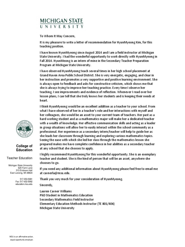 Hailey Letter of Rec Msu Letterhead | PDF | Michigan State University ...