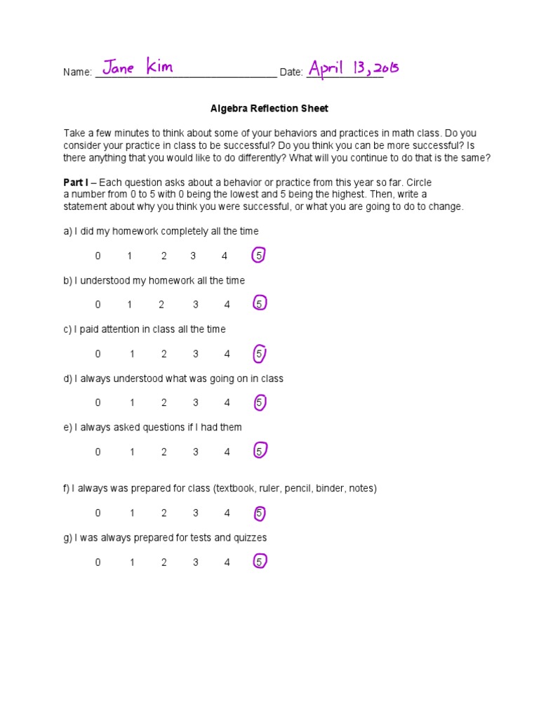 Algebra Class Reflection Sheet | PDF | Language Arts & Discipline