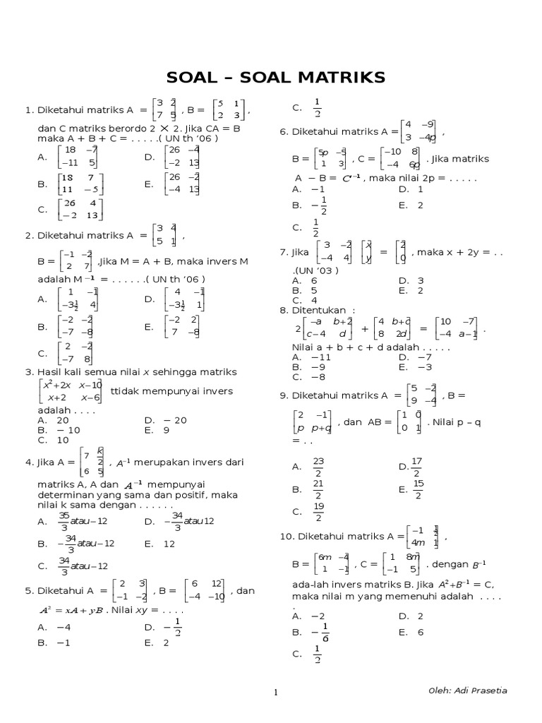 Soal Matriks SMA IPA IPS | PDF | Metode & Bahan Ajar | Sains & Matematika