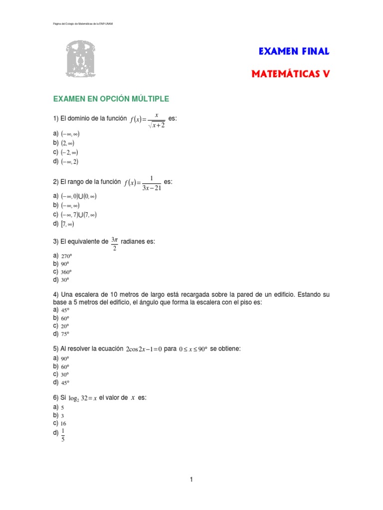 Examen De Opcion Multiple Matematicas