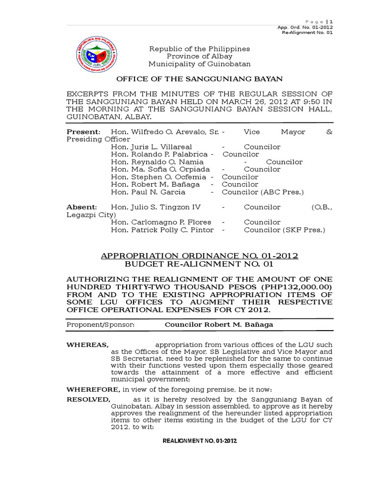 Guinobatan Budget Realignment Ordinance | PDF | Local Government ...