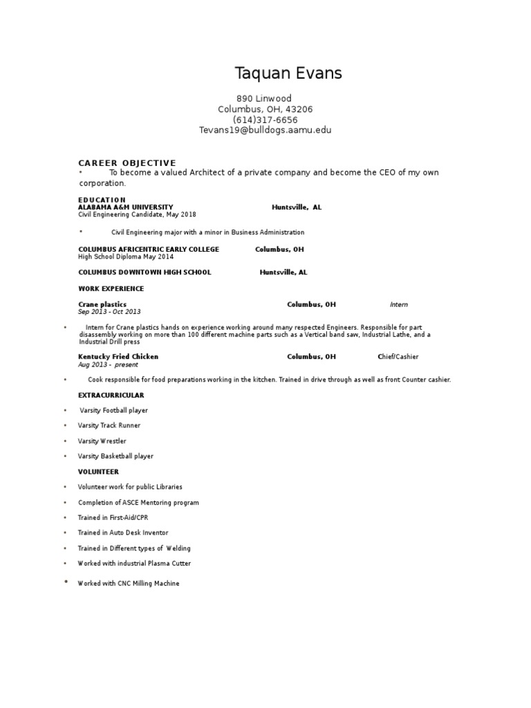 Taquan Evans: Civil Engineering Resume | PDF | Career & Growth