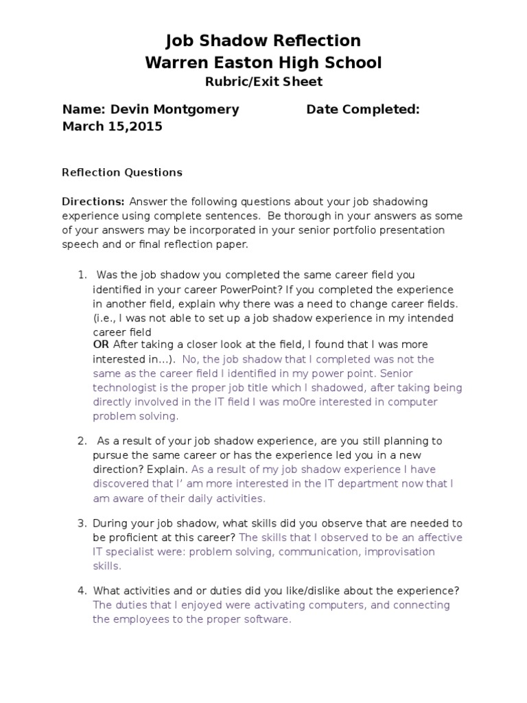 Job Shadow Reflection Completed | PDF | Mentorship | Psychological Concepts