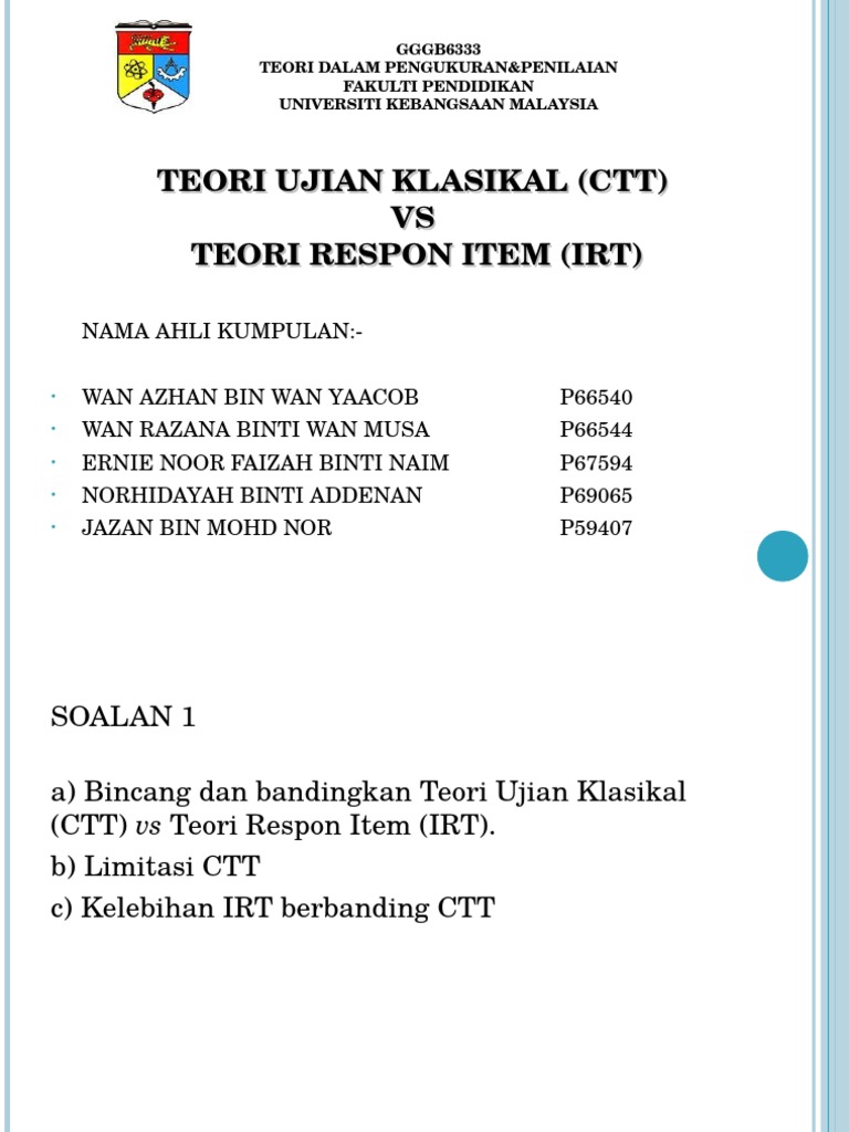 Teori Ujian Klasikal CTT Vs Teori Respon Item | PDF