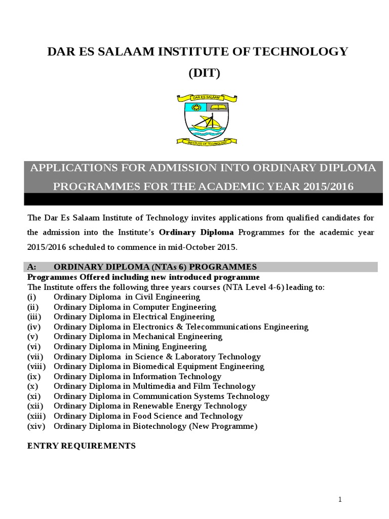 Application For Ordinary Diploma Admissions Dit - 2015-2016 | PDF ...
