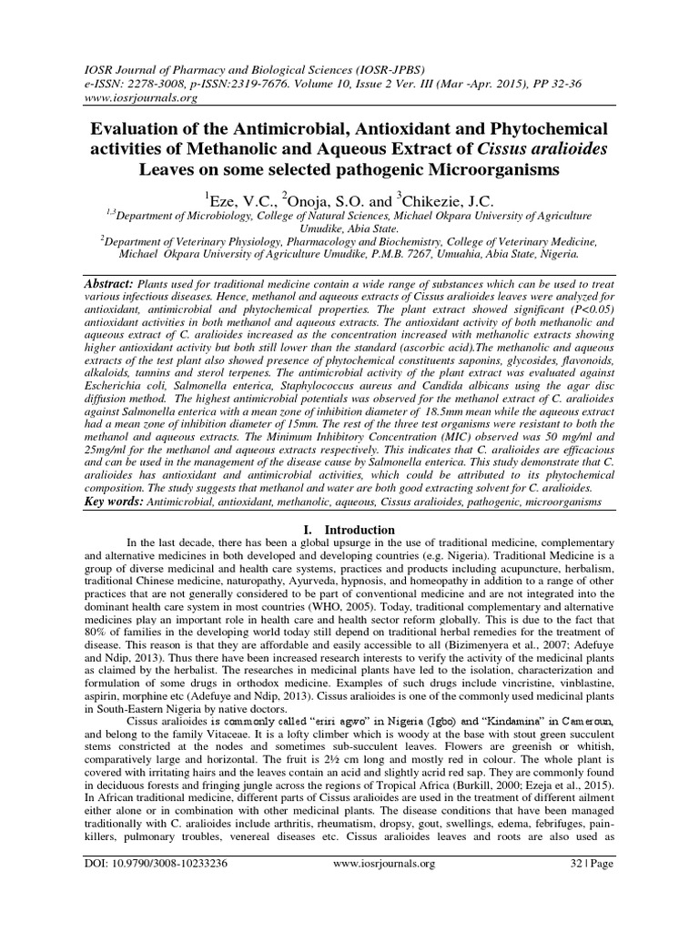 Evaluation of The Antimicrobial, Antioxidant and Phytochemical Activities of Methanolic and ...