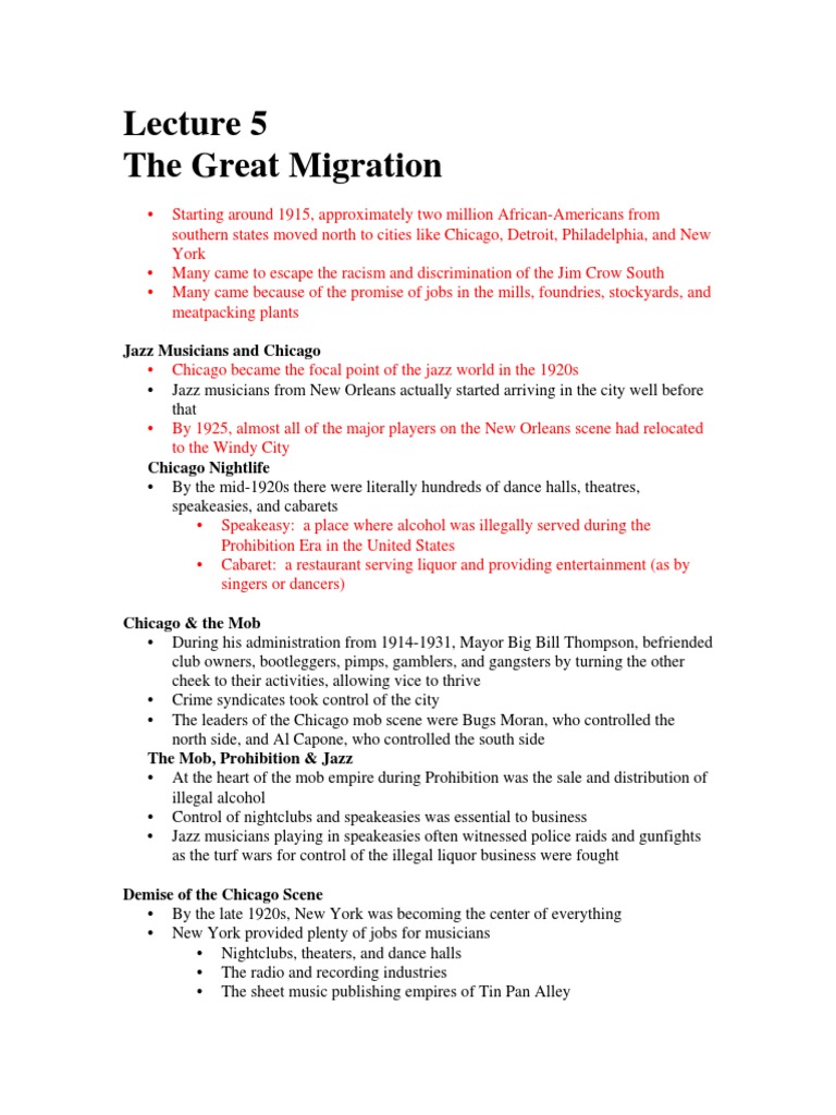 Lecture 5 (The Great Migration) | PDF | American Styles Of Music | Jazz