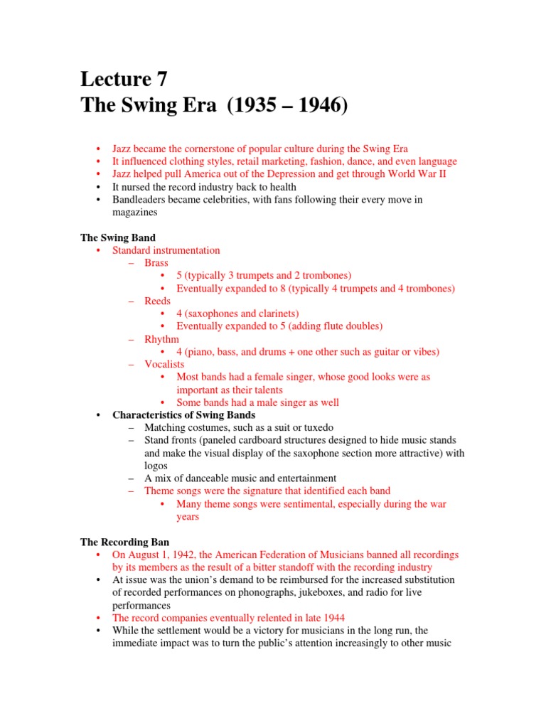 Lecture 7 (The Swing Era) | PDF | Performing Arts | African American Music